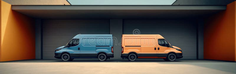 Two Vans in Contrasting Colors are Parked Outside a Contemporary Orange ...