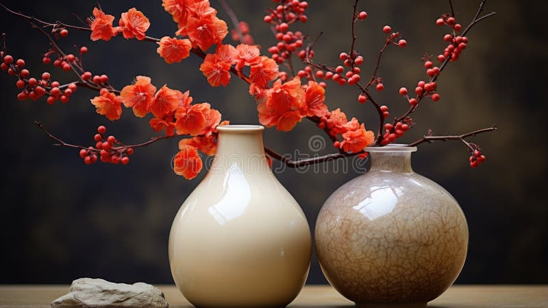 Two Vases with Flowers and a Rock on a Table, AI Stock Illustration - Illustration of decoration ...
