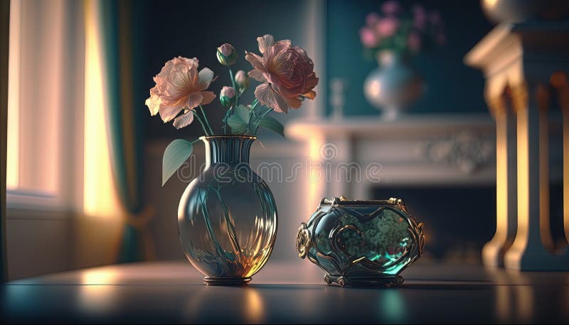 Two Vases with Flowers in Them on a Table in a Room Stock Illustration - Illustration of table ...