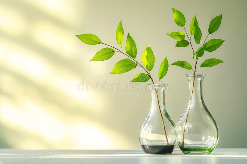 Two Vases with Green Leaves in Them Sitting on a Table Stock Image ...