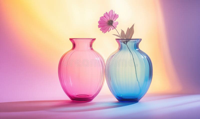 Two Vases with a Pink and Blue Flower in Them Stock Image - Image of ...