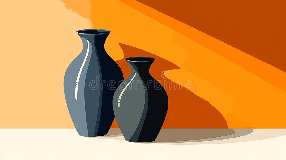 Two Vases are Positioned Together on a Surface in Front of a Curved ...