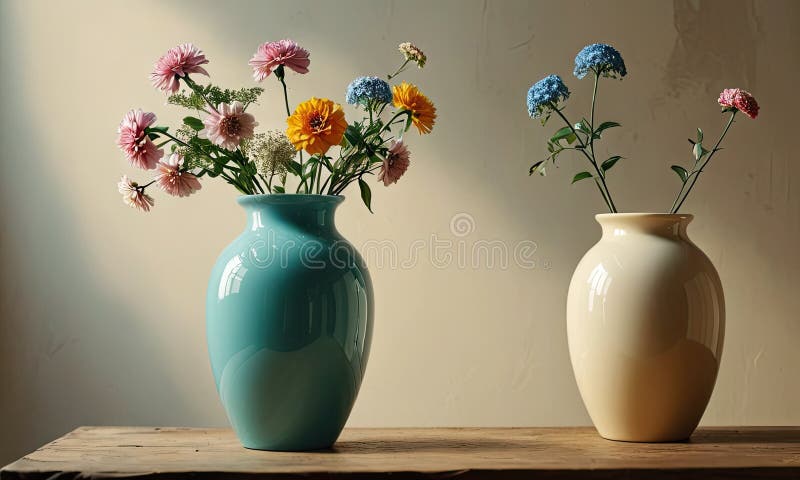 Two Vases are Sitting on a Table, One of Which is Blue and the Other is ...