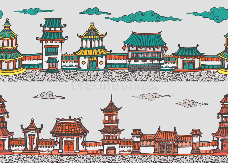 Two Vector Seamless Panorama of Chinese or Japanese Old Town Stock ...