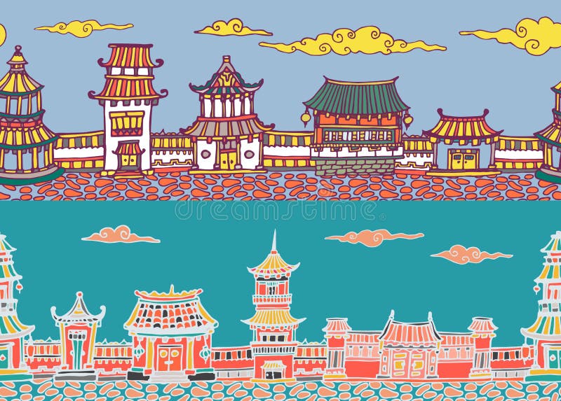 Two Vector Seamless Panorama of Chinese or Japanese Old Town Stock ...
