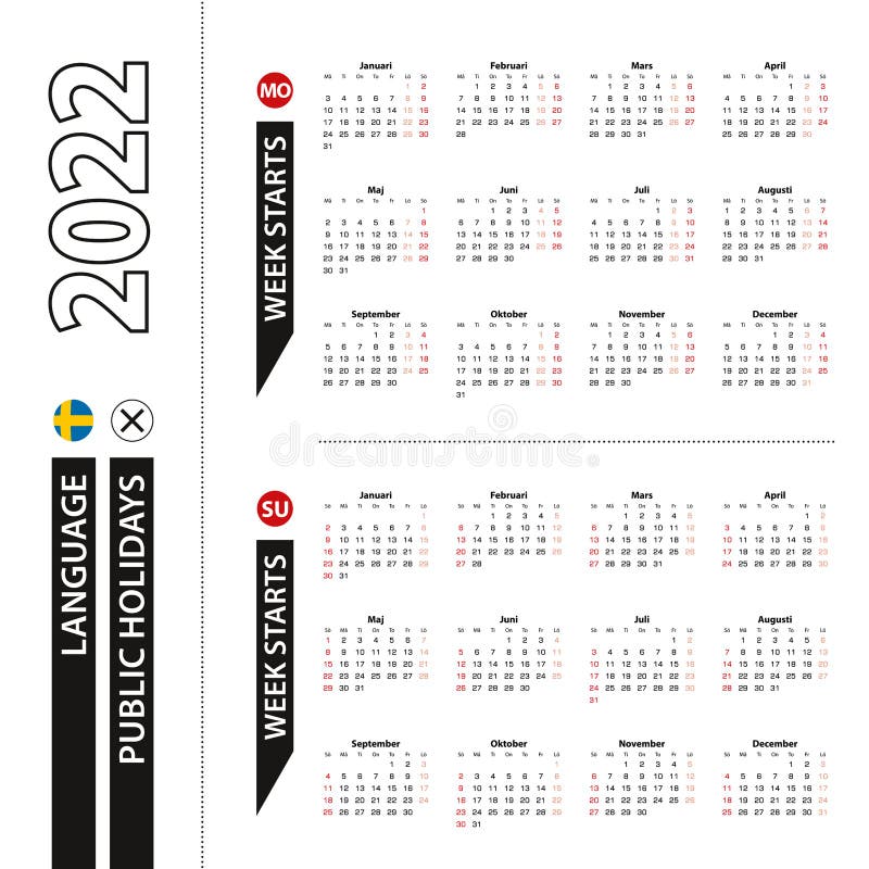 Two Versions of 2022 Calendar in Swedish, Week Starts from Monday and ...
