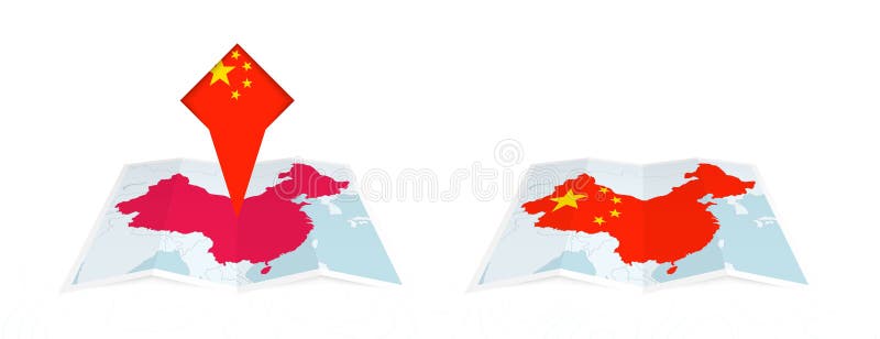 Two Versions of an China Folded Map, One with a Pinned Country Flag and ...