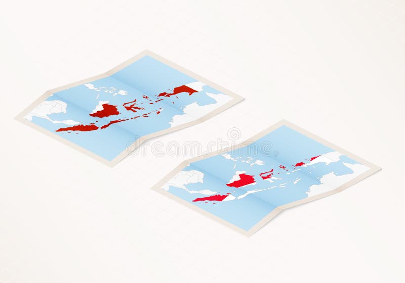 Two Versions of a Folded Map of Indonesia with the Flag of the Country ...