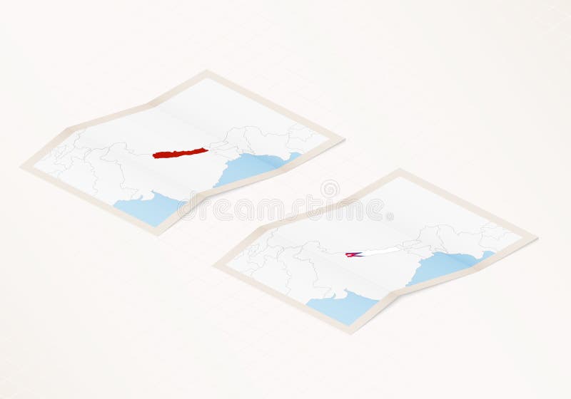 Two Versions of a Folded Map of Nepal with the Flag of the Country of ...