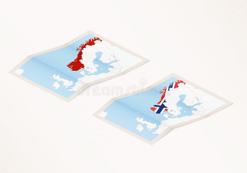 Two Versions of a Folded Map of Norway with the Flag of the Country of ...