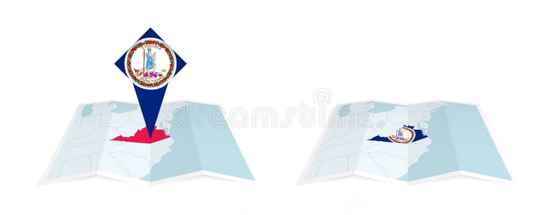 Two Versions of an Virginia Folded Map, One with a Pinned Country Flag ...