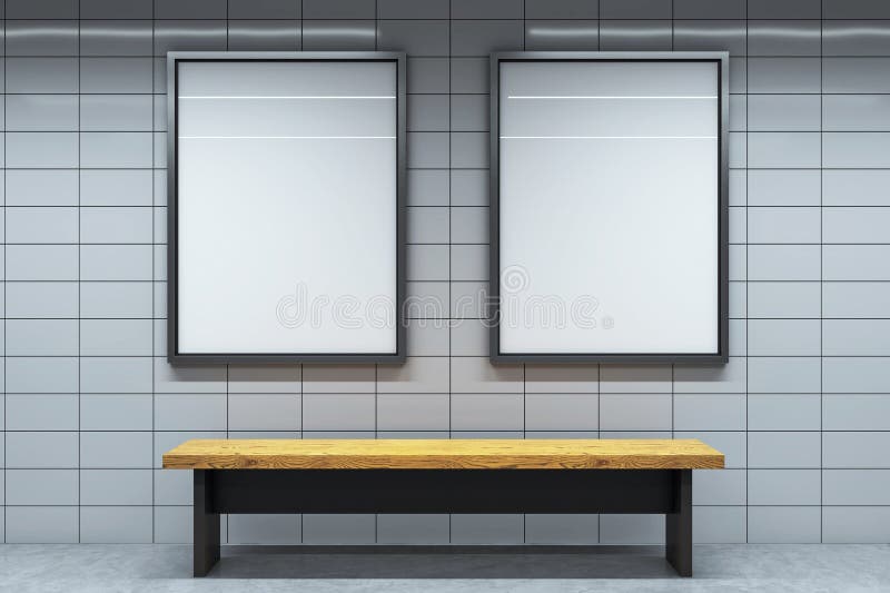 Two Vertical Blank Posters with Black Frames on a Tiled Wall, Wooden ...