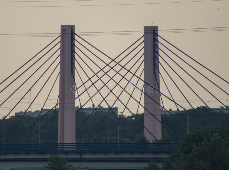 Two Bridge Pillars Stand in the Sunset. Stock Photo - Image of pillars ...