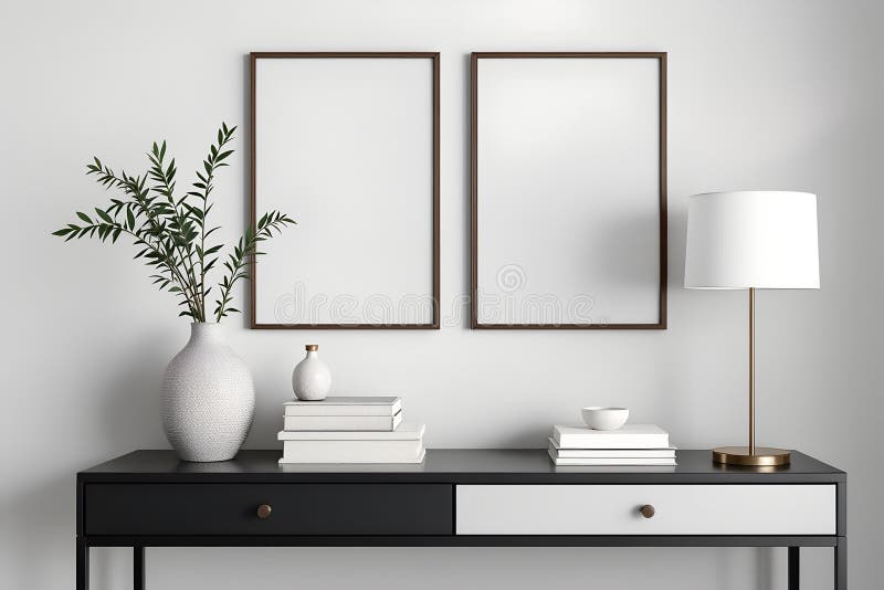 Two Vertical Frames Mockup Above Modern Console Table Stock ...