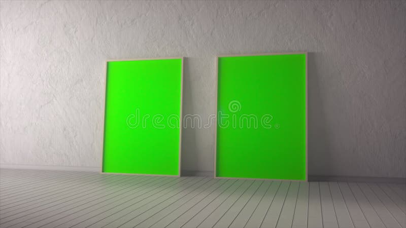 Two Vertical Green Screen Posters in Minimal Interior with Wooden Floor ...