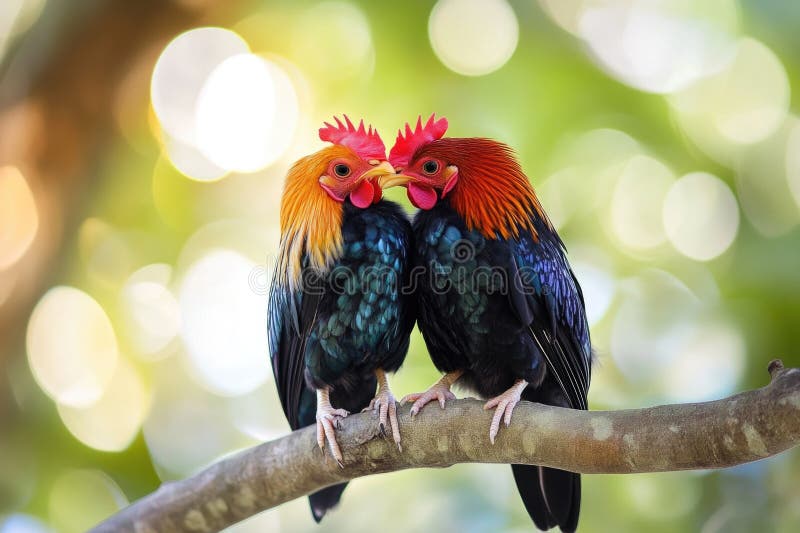 Two Vibrant Birds Sit Together on a Tree Branch Stock Image - Image of ...