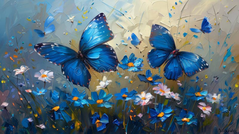 Two Vibrant Blue Butterflies Flutter Amongst a Field of White and Blue ...