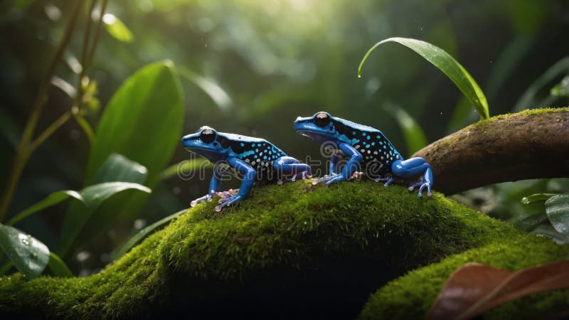 Vibrant Blue Poison Dart Frogs on Mossy Branch in Rainforest Stock ...