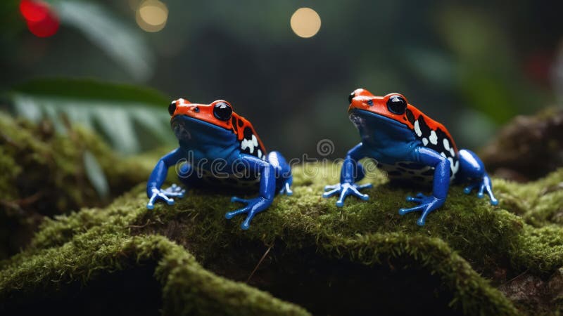 Vibrant Blue and Orange Poison Dart Frogs on Mossy Log Stock ...