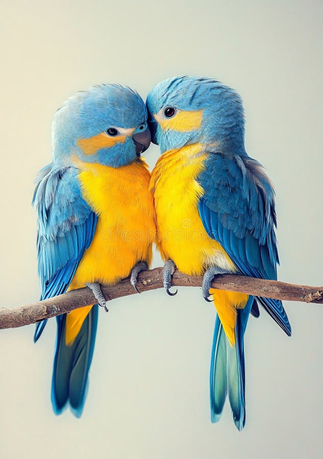 Two Blue and Yellow Macaws Perched on Branch Affectionately Nuzzled ...