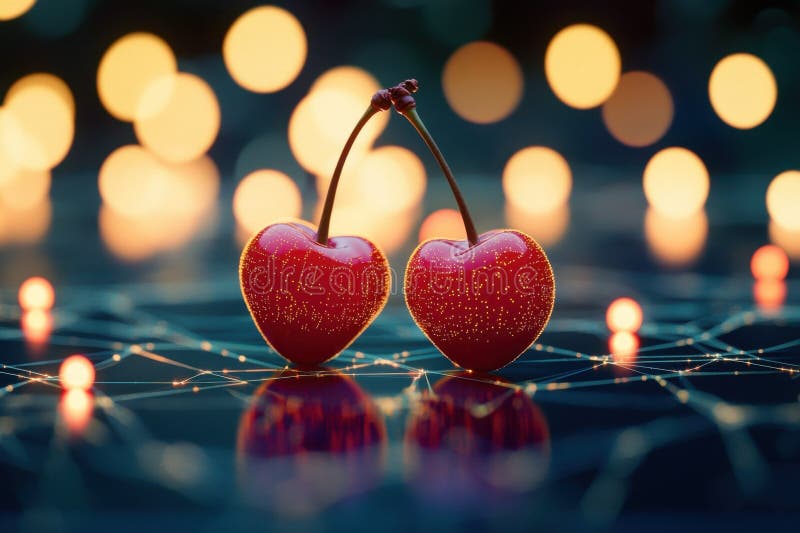 Two Vibrant Cherries Illuminated by Soft Glowing Lights at Night in a ...