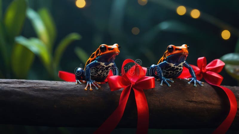 Romantic Poison Dart Frogs on a Log with Red Ribbon Stock Illustration ...
