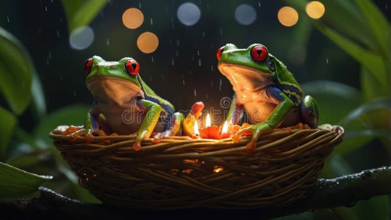 Romantic Red-Eyed Tree Frogs Sharing Candlelight in Rain Stock ...