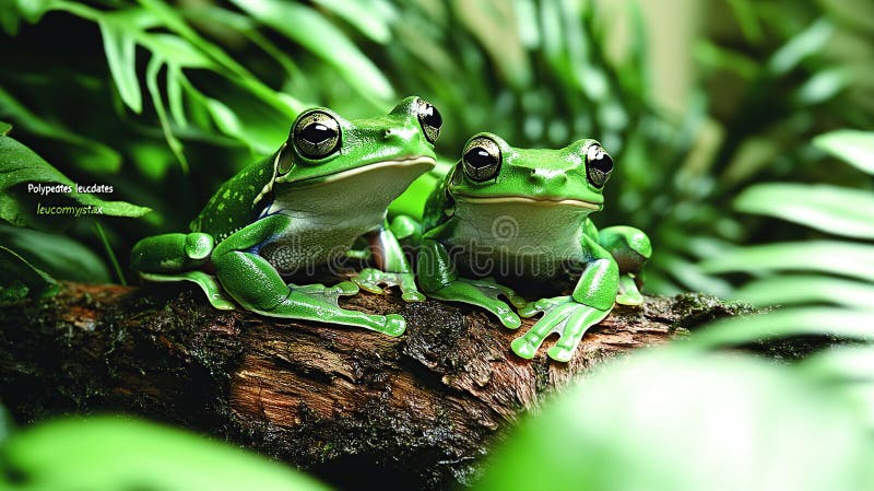 Two Vibrant Green Frogs on a Log Stock Image - Image of amphibians ...