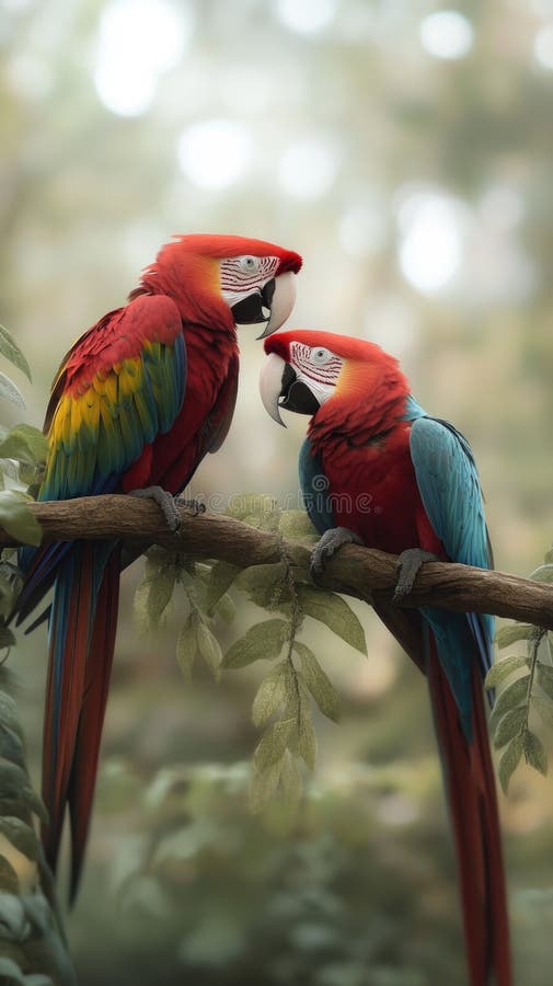 Two Vibrant Macaws are Standing on a Branch Surrounded by Dense Foliage ...