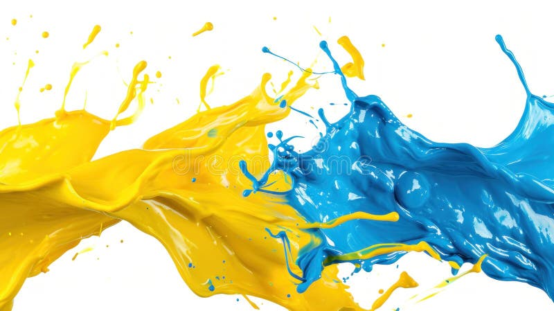 Blue and Yellow Paint Splashing Together on White Background Stock ...