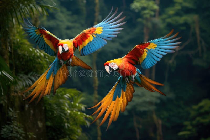 Two Vibrant Parrots Soar Gracefully in the Sky, a Pair of Tropical ...