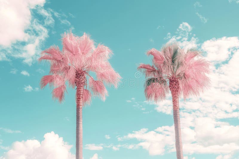 Two Vibrant Pink Palm Trees Standing Tall Under a Beautifully Cloudy ...