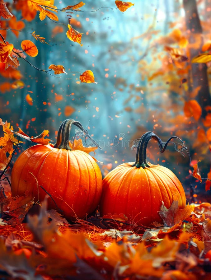 Two Vibrant Pumpkins Surrounded by Falling Autumn Leaves in a Forest ...