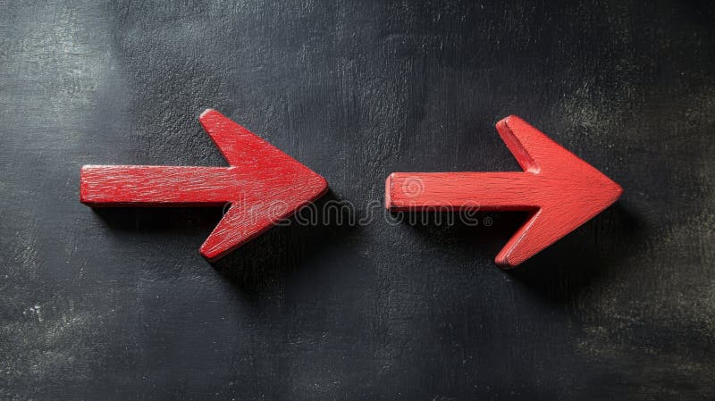 Two Vibrant Red Arrows Pointing in Opposite Directions on a Dark ...