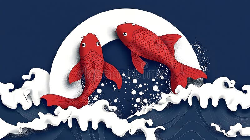 Two Vibrant Red Fish Swimming in Waves Stock Illustration ...