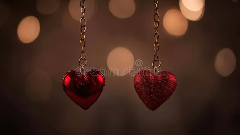 Two Vibrant Red Hearts Dangle from a Delicate Chain, Suspended on a ...