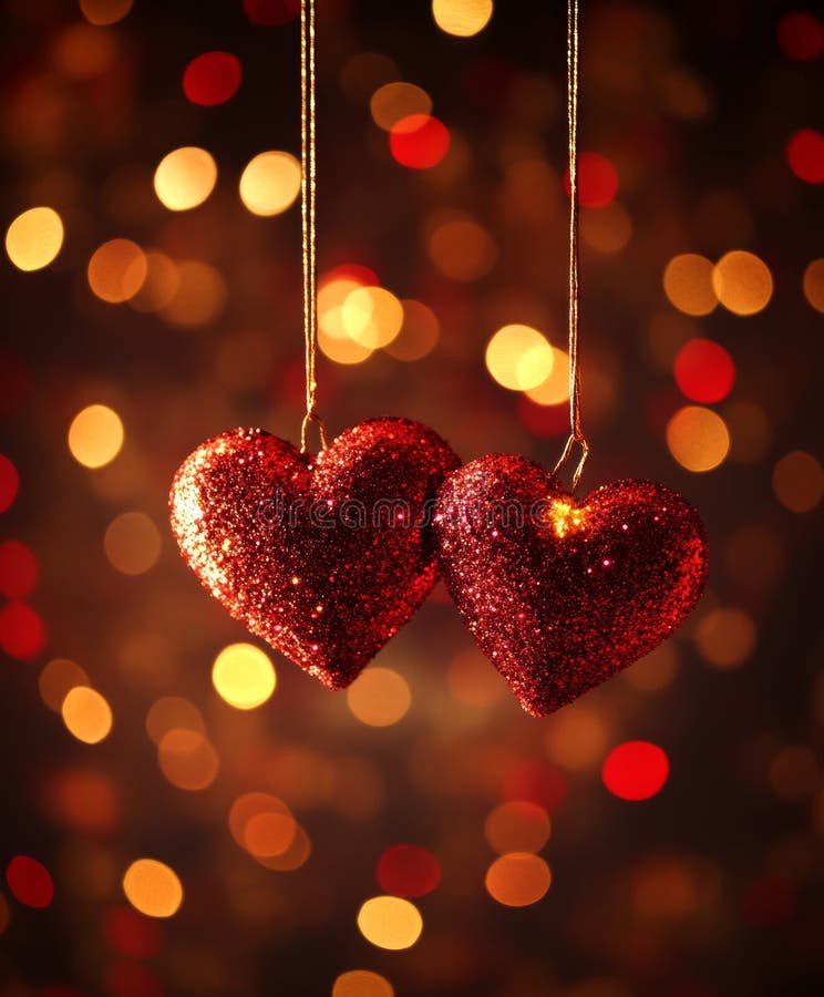 Two Vibrant Red Hearts Dangle Elegantly from a String, Symbolizing Love ...