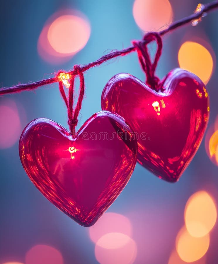 Two Vibrant Red Hearts Dangle from a String, Illuminated by Soft Lights ...