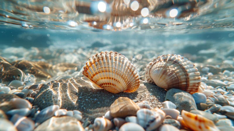 Two Vibrant Shells Rest on a Clear Riverbed, Illuminated by Sunlight ...