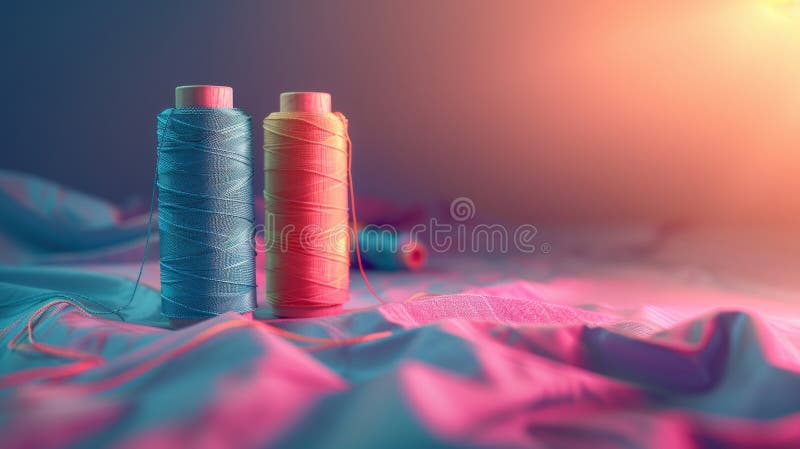 Colorful Sewing Threads on Fabric with a Vibrant Sunset Background. the ...