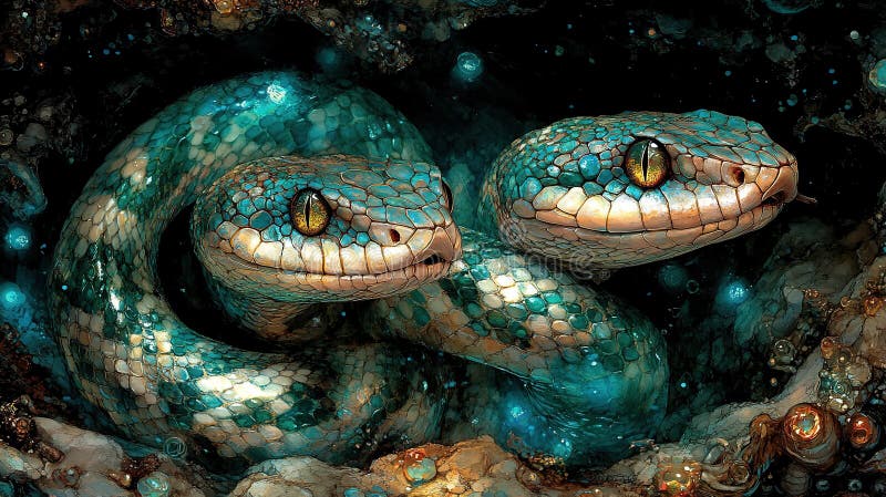 Two Vibrant Turquoise Snakes Coiled in a Dark Cave Stock Photo - Image ...