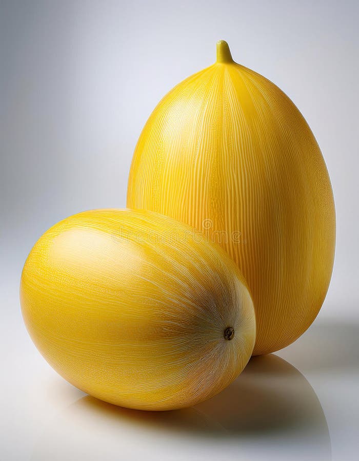 Two Vibrant Yellow Melons, Oval-shaped and Textured, are Positioned on ...