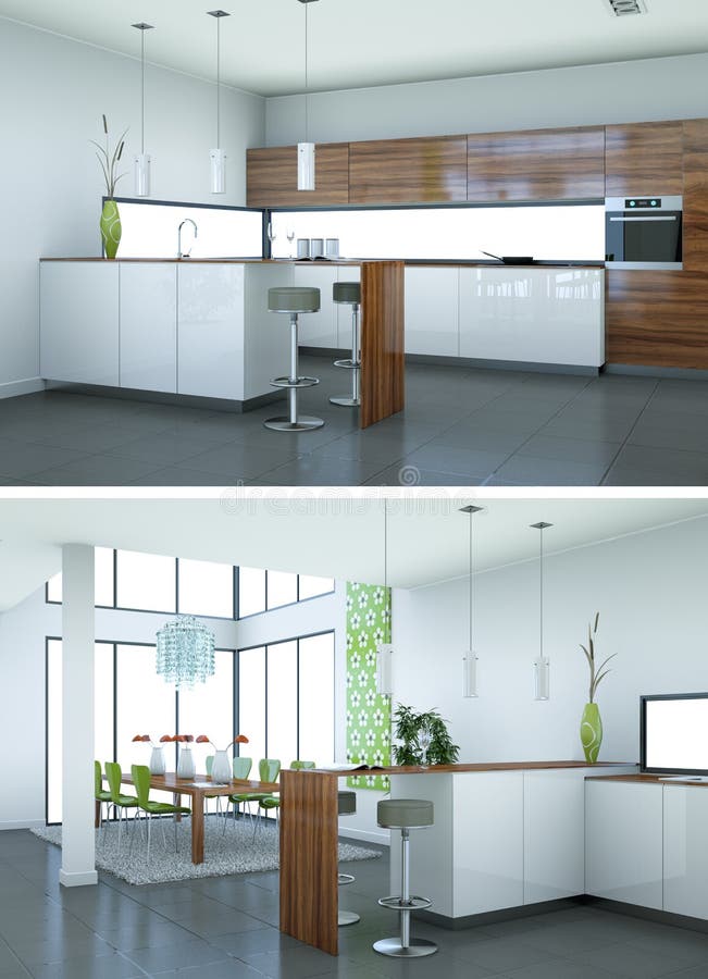 Two Views of Modern Kitchen Interior Design Stock Image - Image of ...
