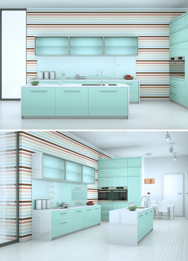 Two Views of Modern Kitchen Interior Design Stock Illustration ...
