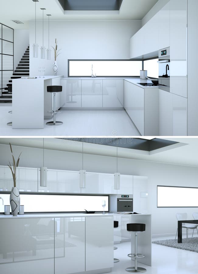 Two Views of Modern White Kitchen Interior Design Stock Photo - Image ...