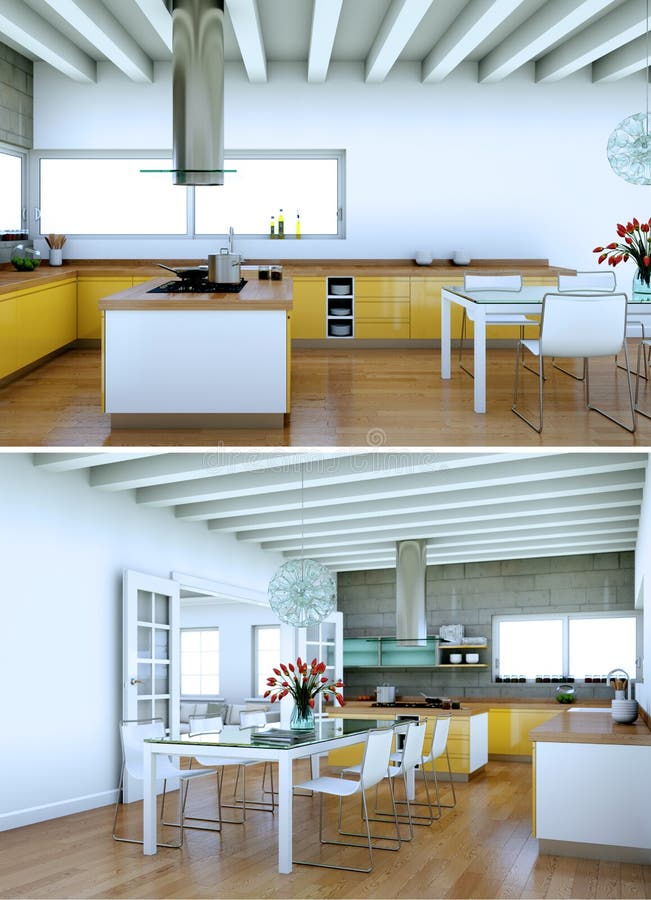 Two Views of Modern Yellow Kitchen Interior Design Stock Illustration ...