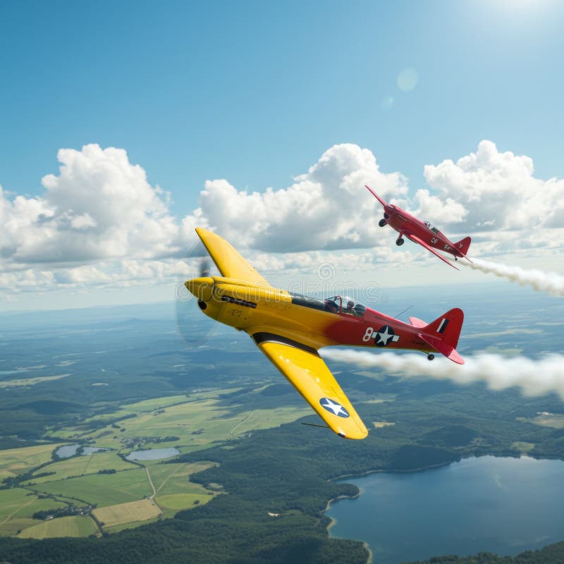 Two Vintage Airplanes Flying in Formation Over Lush Landscape Stock ...