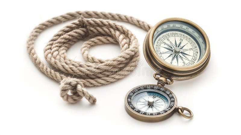 Two Vintage Compasses Next To a Coiled Hemp Rope, Displayed on a White ...