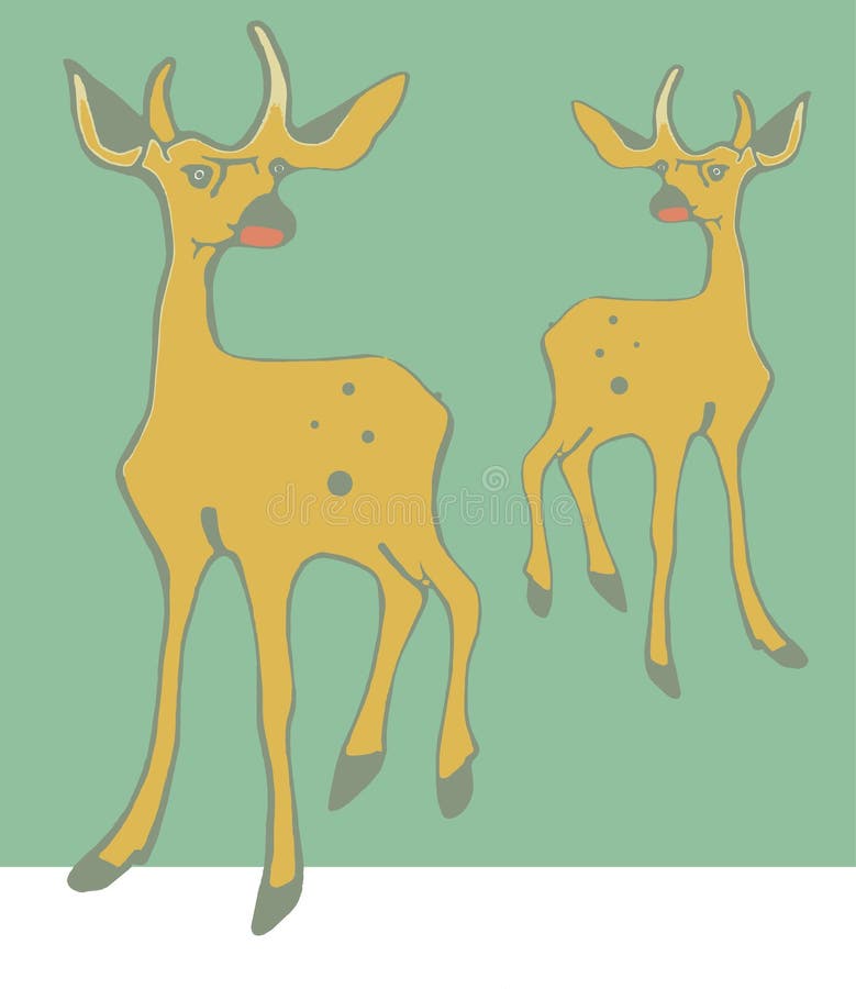 Cartoon of Twin Yellow Retro Coloured Deers in Blue Vintage Colour ...