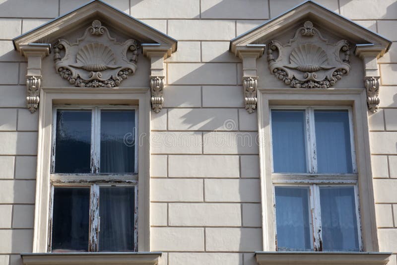 Two Vintage Front Glass Windows of an Old House Stock Photo - Image of ...